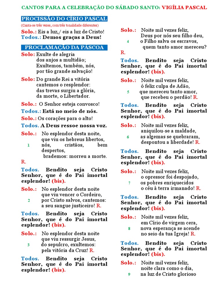 Cantos Para A Celebração Do Sábado Santo Cantos Download Grátis Pdf