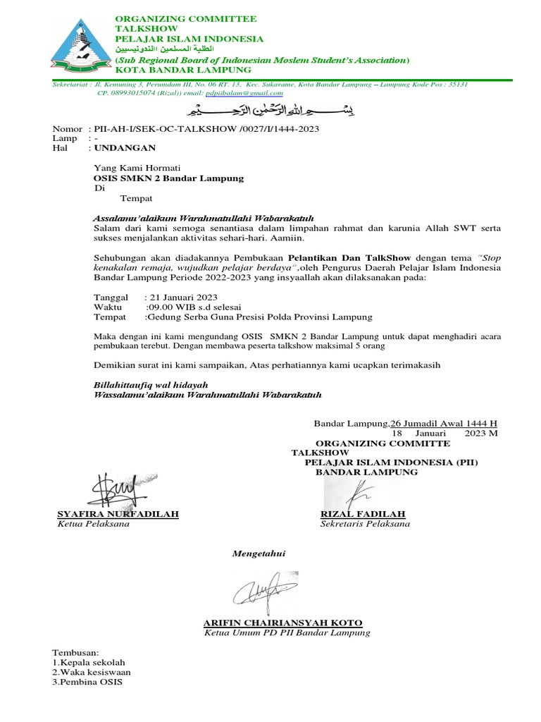 Undangan TalkShow Pelajar Islam 2023 | PDF