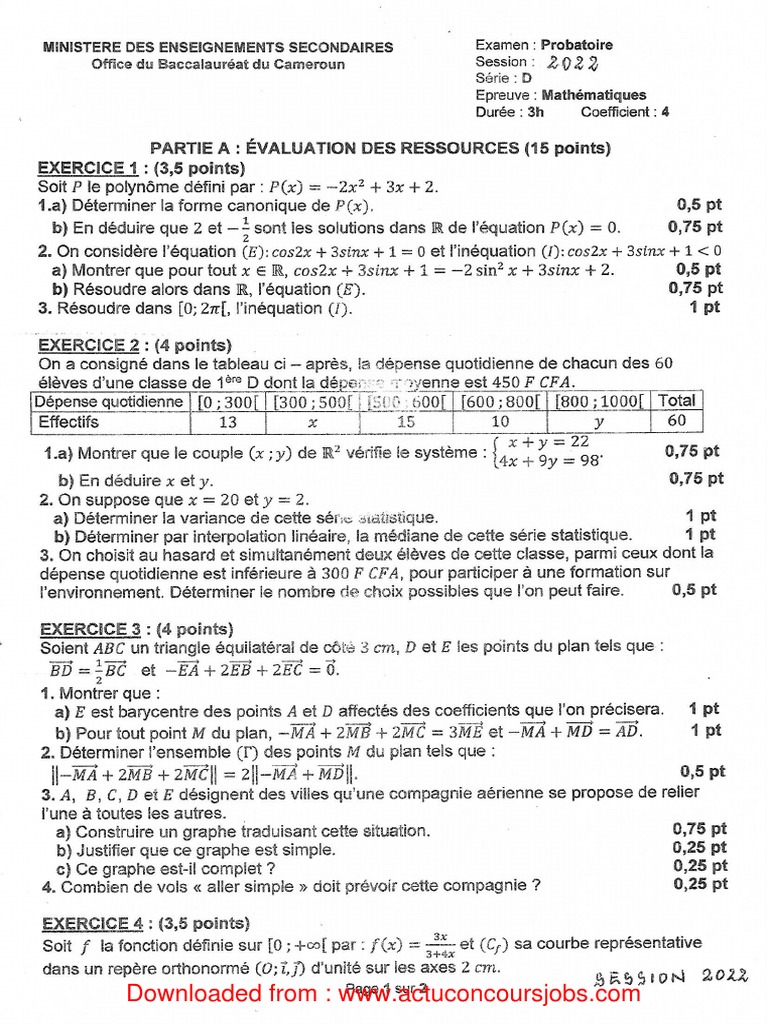 Epreuve de Mathematiques Probatoire D 2022 | PDF