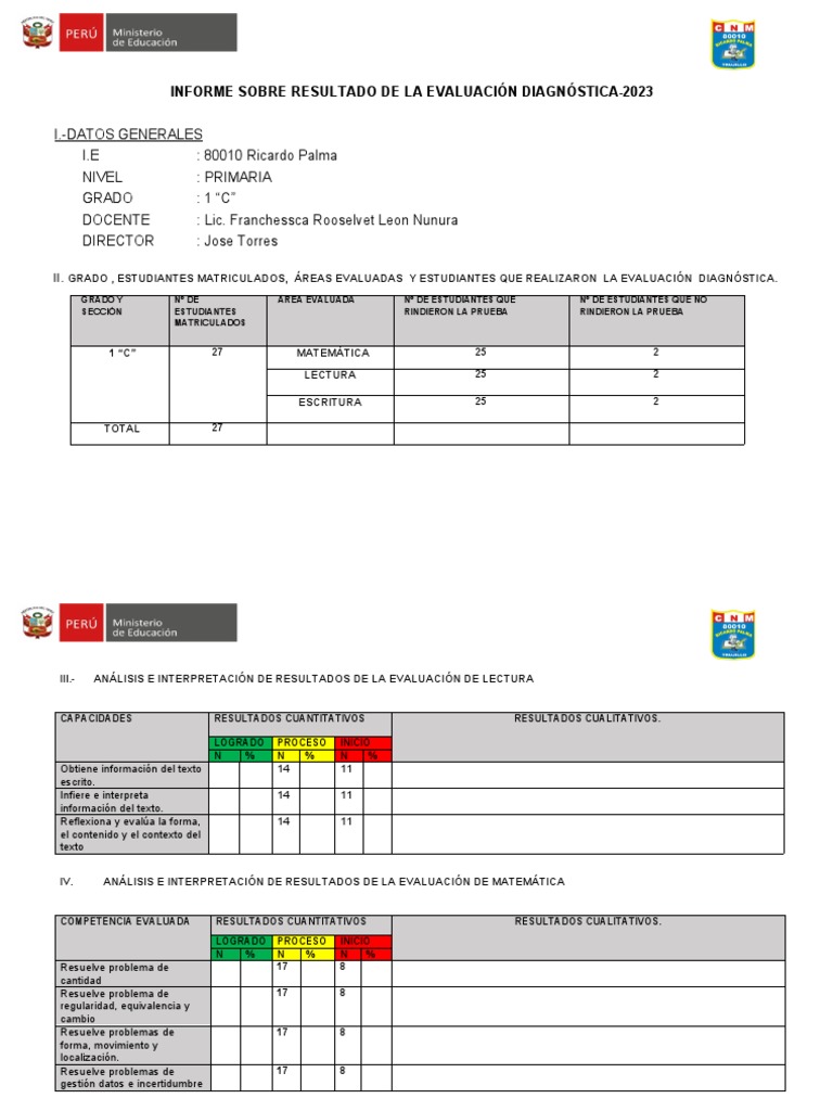 INFORME DE LA EVALUACIÓN DIAGNOSTICA_2023 (1) 1GRADO.docx | PDF | Evaluación | Lingüística