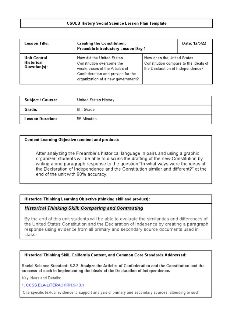 The Constitution Preamble Lesson Plan | Download Free PDF | Lesson Plan ...