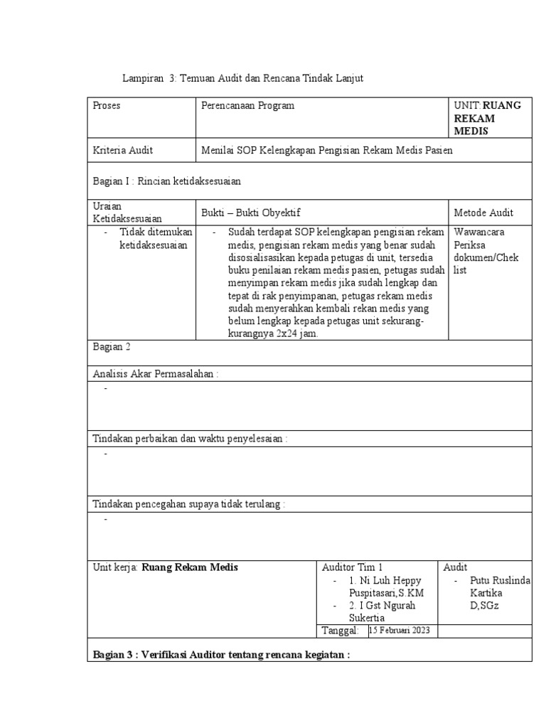 Temuan Audit Ruang Rekam Medis | PDF