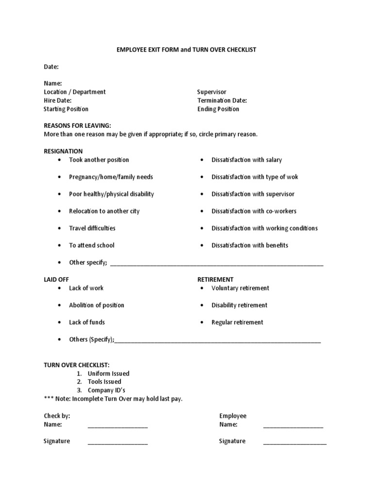 EMPLOYEE EXIT FORM and TURN OVER CHECKLIST | PDF