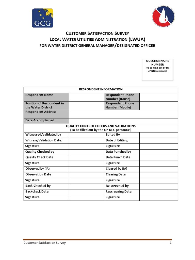 2021 LWUA 2.0 Questionnaire (Self-Administered) PDF | PDF | Customer ...