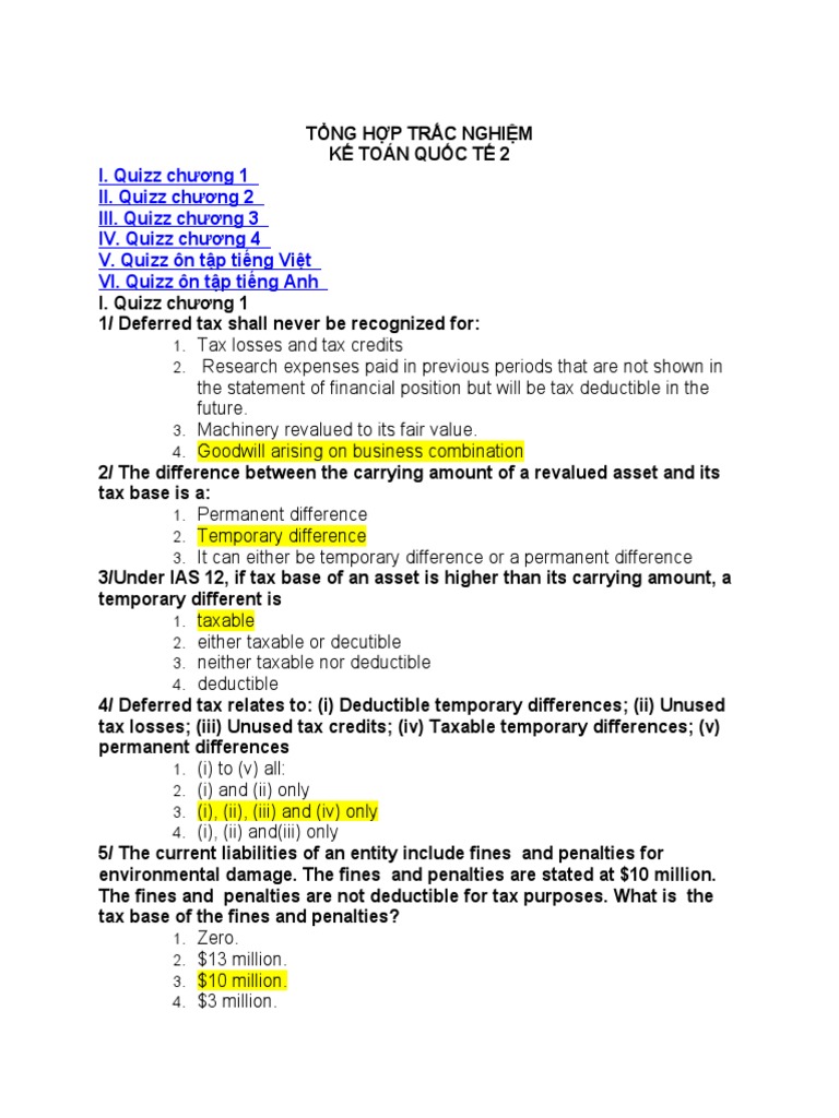 Tong Hop Trac Nghiem Ktqte2 | PDF | Deferred Tax | Fair Value