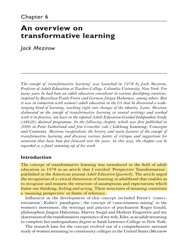 Mezirows Overview Transformative PDF | PDF | Critical Thinking | Experience
