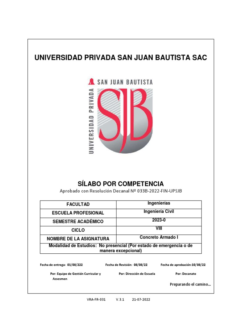 VRA-FR-031 V. 3.1 - Sílabo 2023-0 - Concreto Armado I PDF | PDF