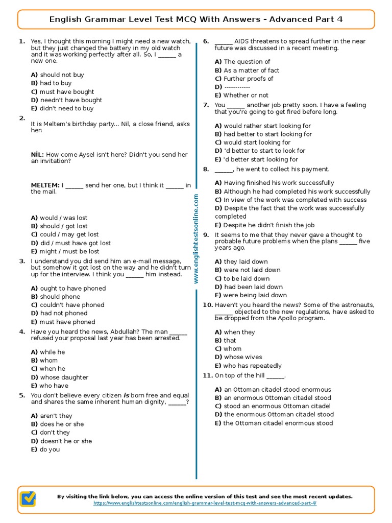 616 - English Grammar Level Test MCQ With Answers Advanced Part 4 PDF | PDF