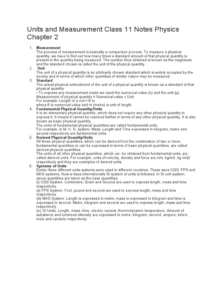 Units and Measurement Class 11 Notes Physics | PDF