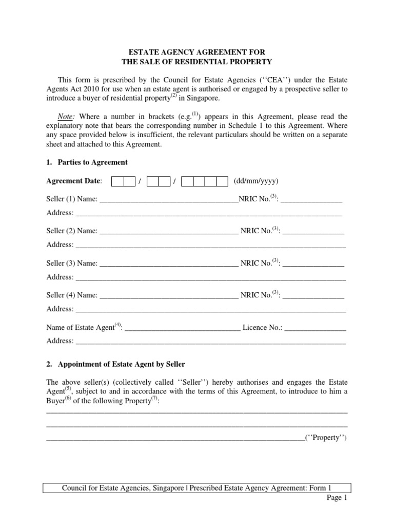 Form 1 Estate Agency Agreement For The Sale of Residential Property PDF ...