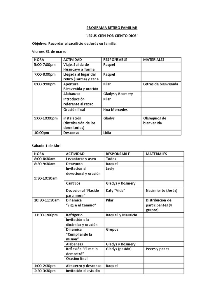 PROGRAMA RETIRO FAMILIAR.docx | PDF