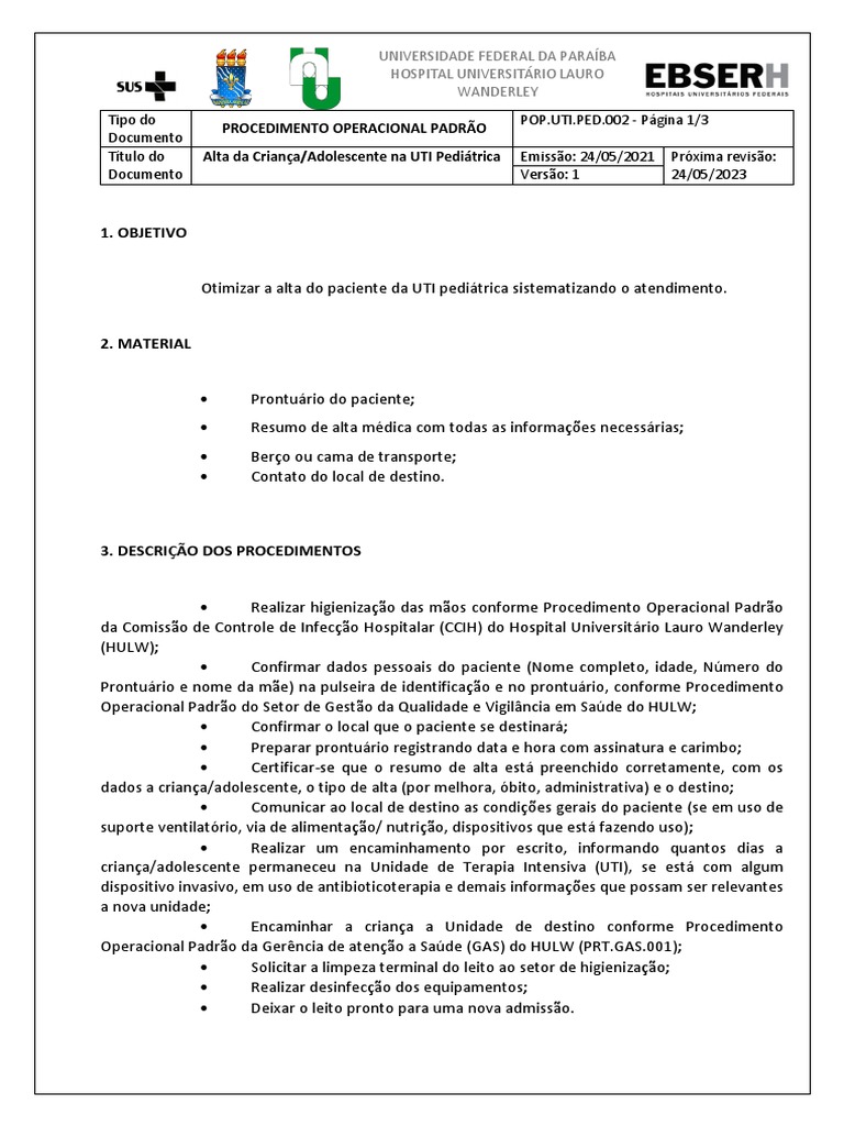 POP - UTI.PED.02 Alta Da Crianca Adolescente Na UTI Pediatrica PDF | PDF | Unidade de Tratamento ...