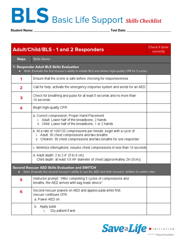BLS Skills Testing Checklist 2024 | PDF | Cardiopulmonary Resuscitation ...