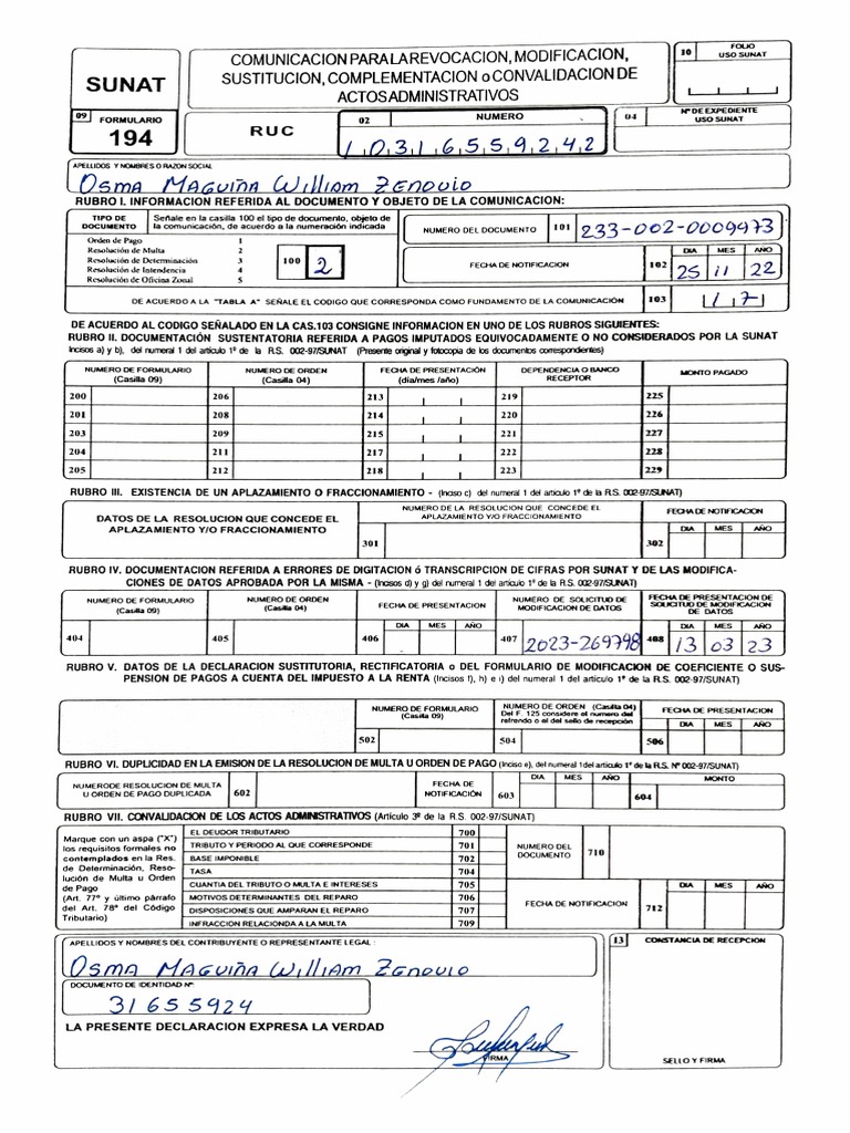 Sunat Formulario 194 PDF | PDF