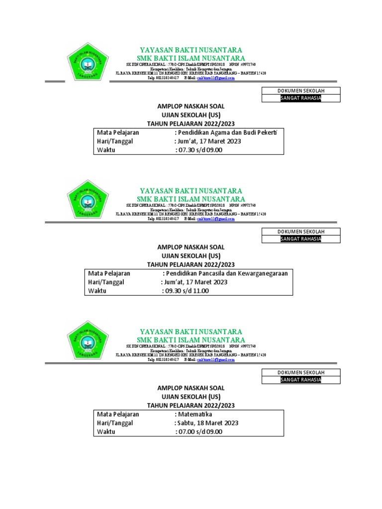 Amplop Ujian Sekolah | PDF