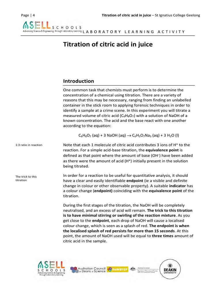 Citric Acid Titration Student Notes 20170208 KFL PDF | PDF