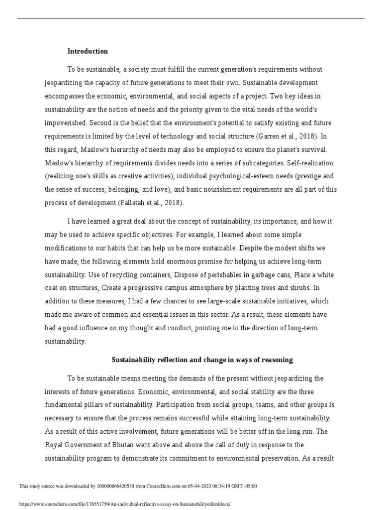 An Individual Reflective Essay On Sustainability - Edited | PDF