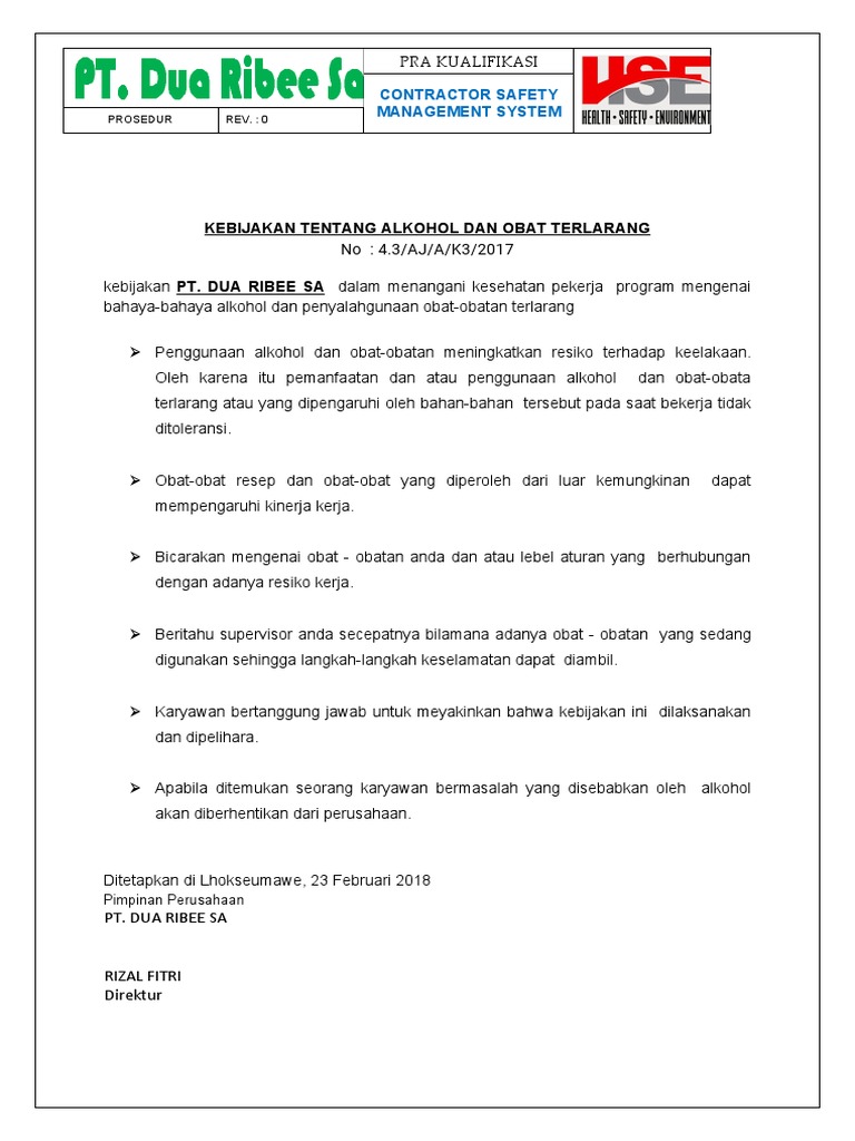 Kebijakan Tentang Alkohol Dan Obat Terlarang DRS | PDF