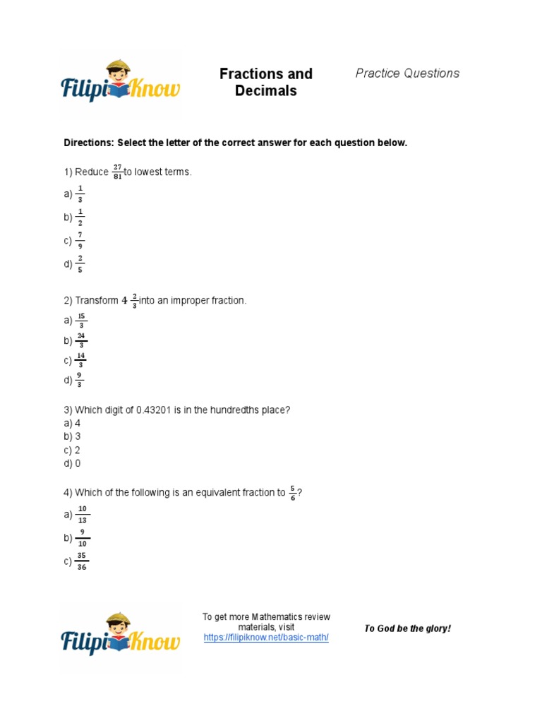 Fractions and Decimals Practice Questions PDF | PDF