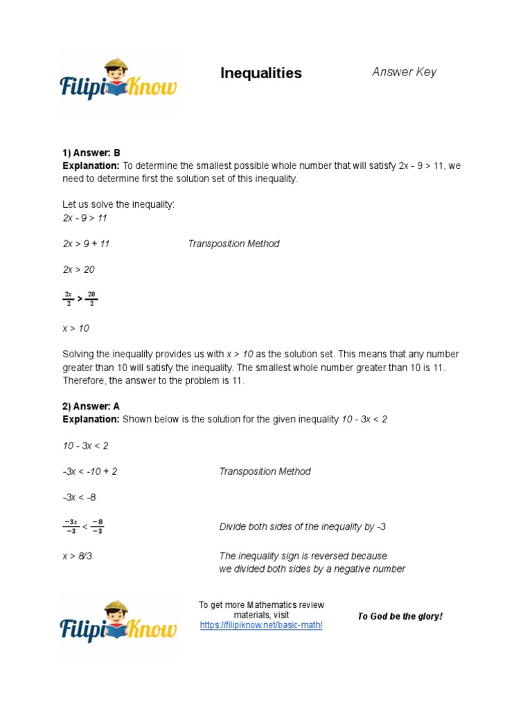 Inequalities Answer Key and Solutions | PDF