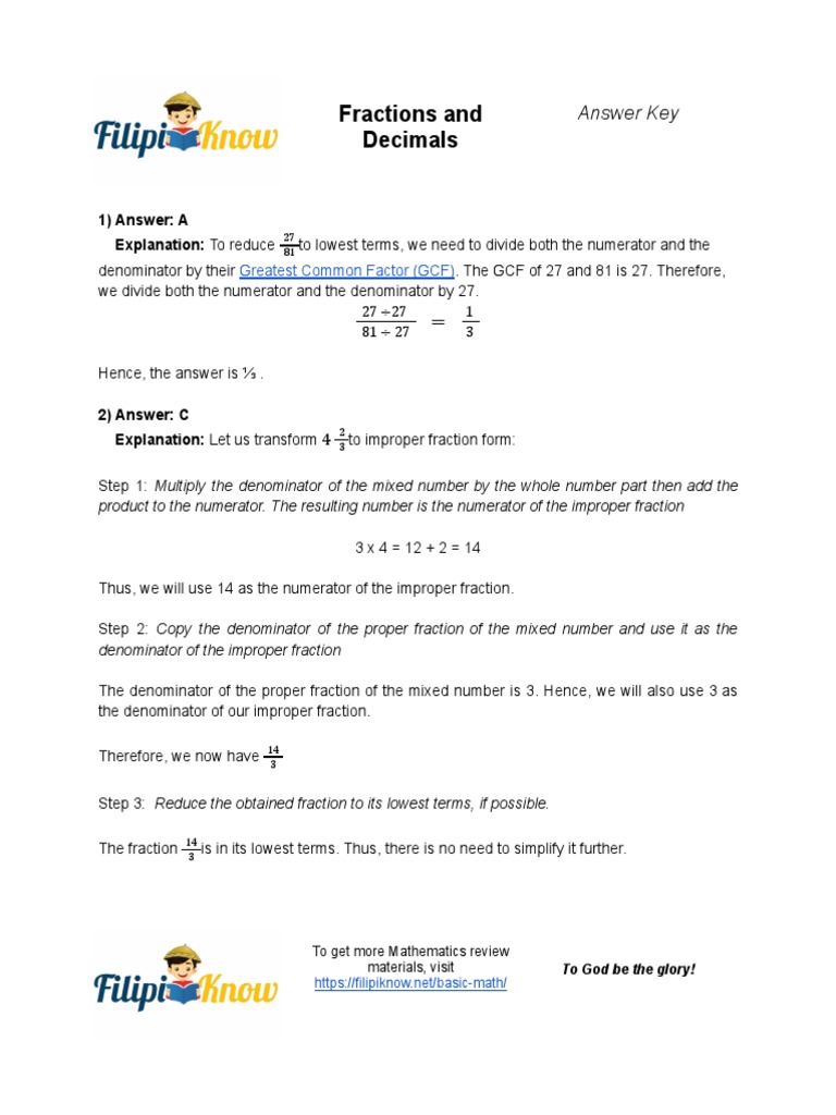Fractions and Decimals Homework Answers | PDF