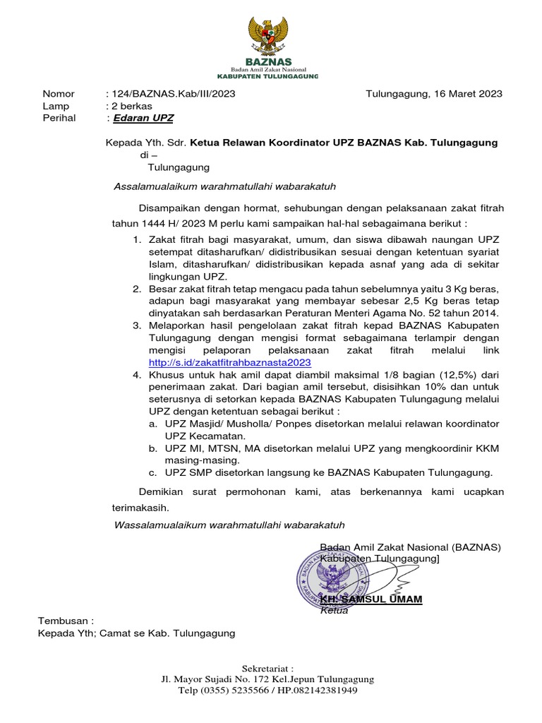 Surat Edaran Zakat Fitrah 1444 - Relawan Upz | PDF