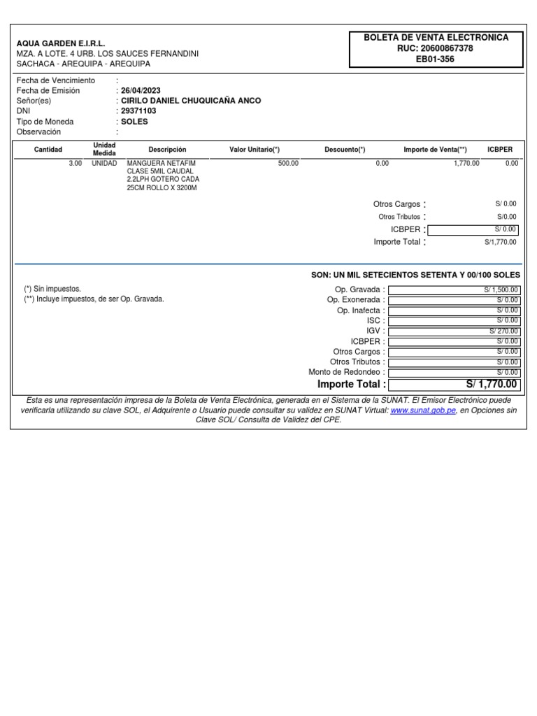 Boleta Electronica - EB01- 356 CIRILO CHUQUICAÑA.pdf | PDF