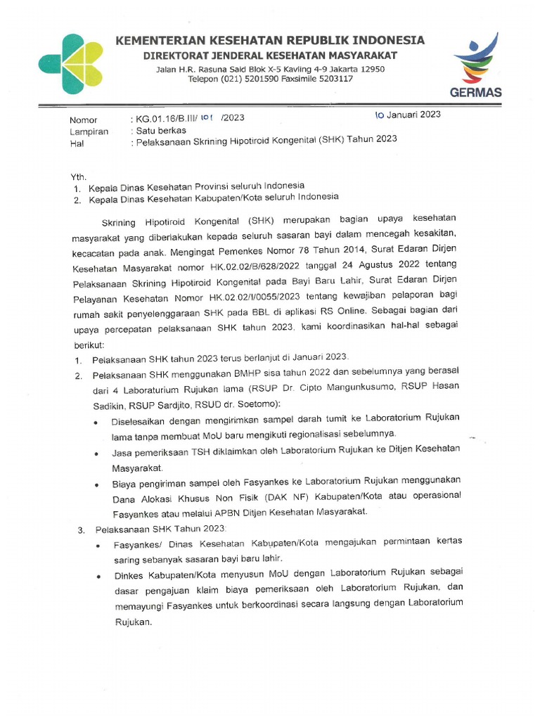 Surat Pelaksanaan SHK 2023 - Dinkes PDF | PDF