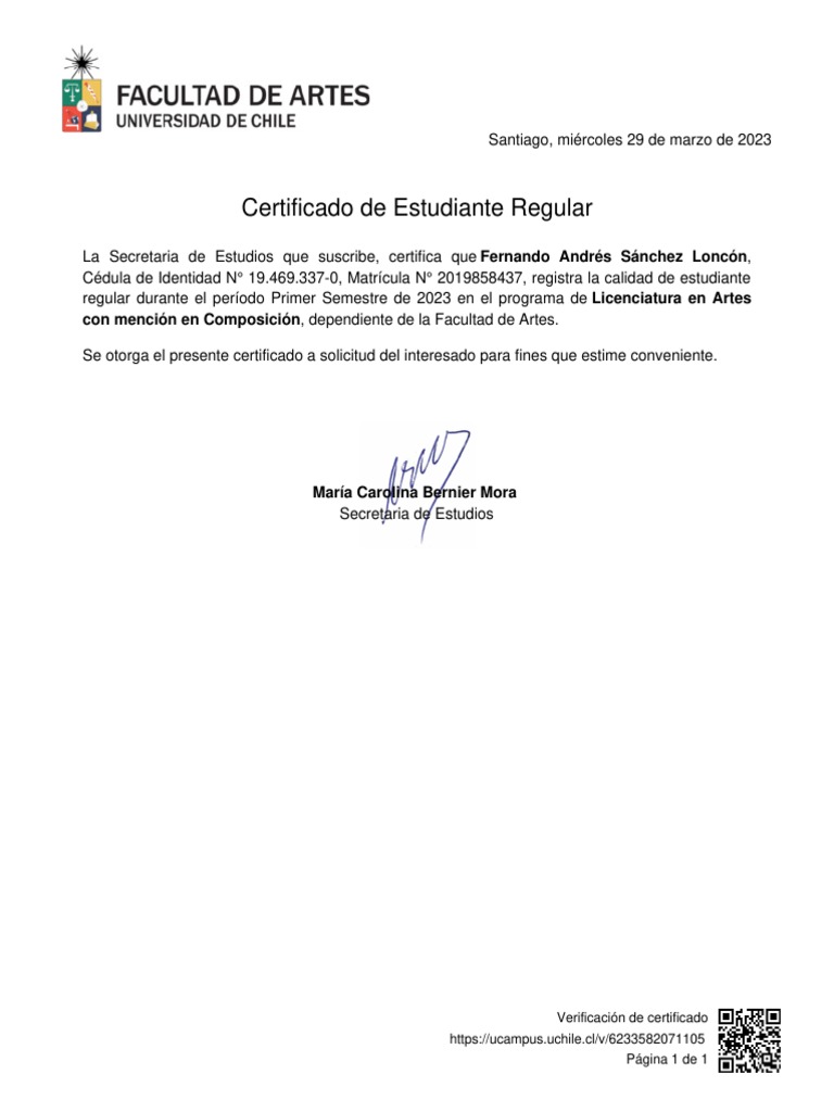 Certificado de Estudiante Regular: Con Mención en Composición ...
