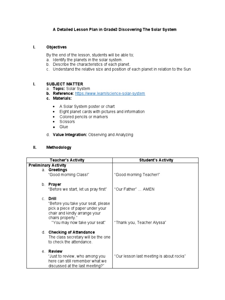 Detailed Lesson Plan Draft 1 | PDF | Planets | Solar System