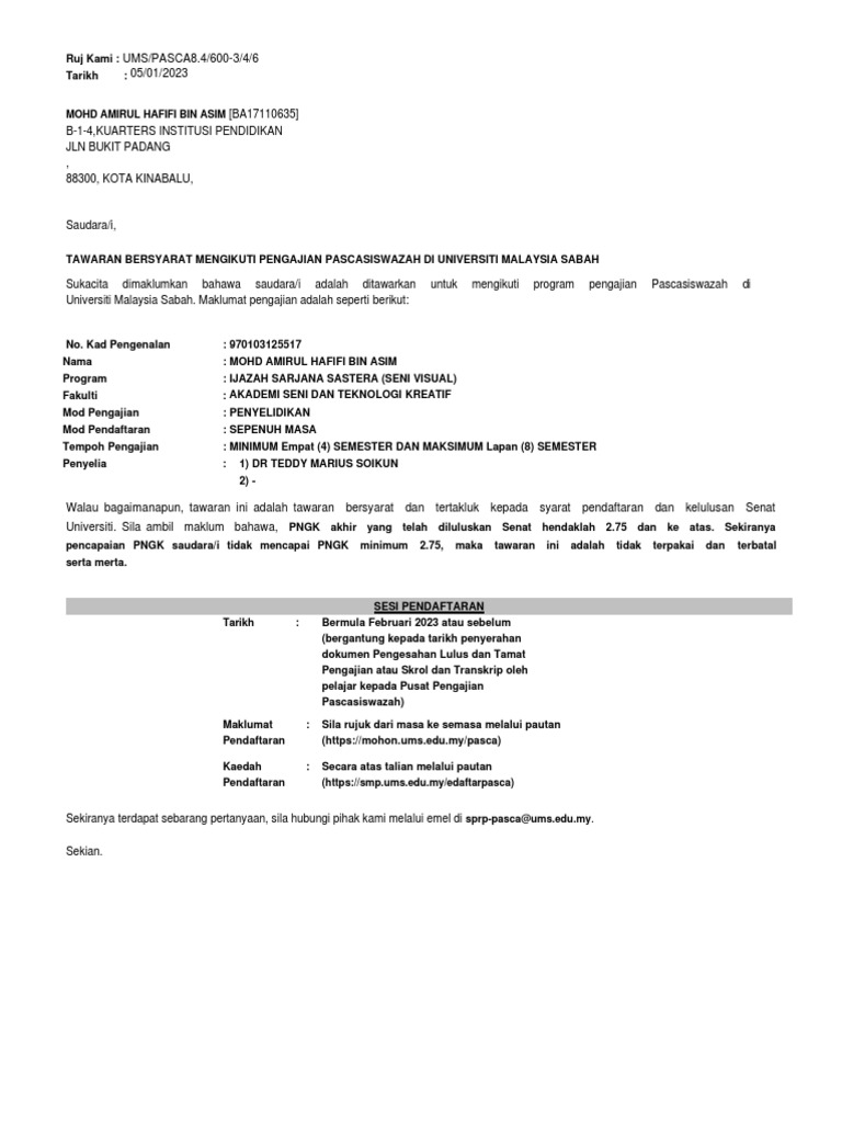 Surat Tawaran Master Mohd Amirul Hafifi PDF | PDF