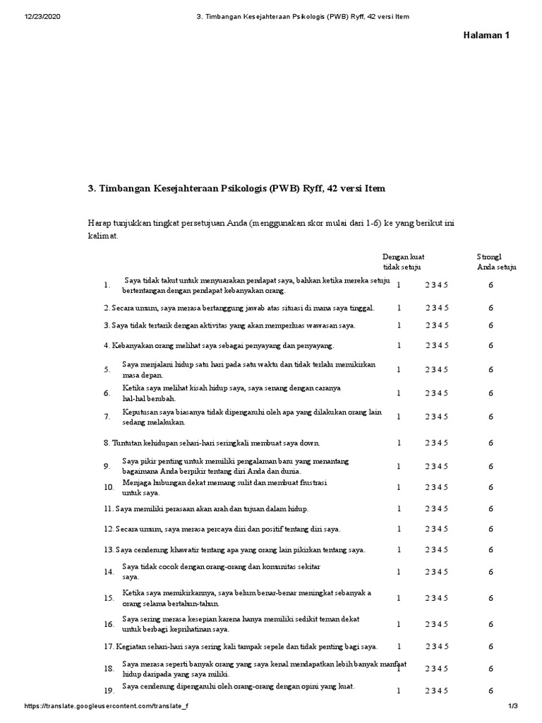 Skala Kesejahteraan Psikologis Ryff 42 Item | PDF