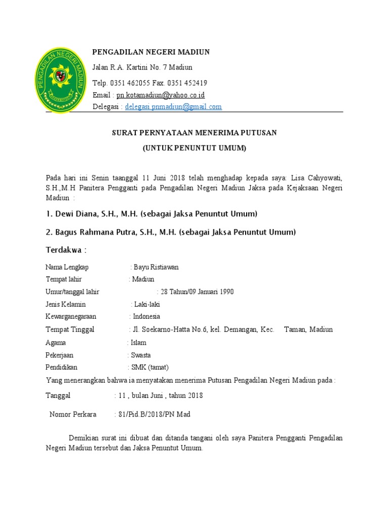 Surat Pernyataan Menerima Putusan | PDF