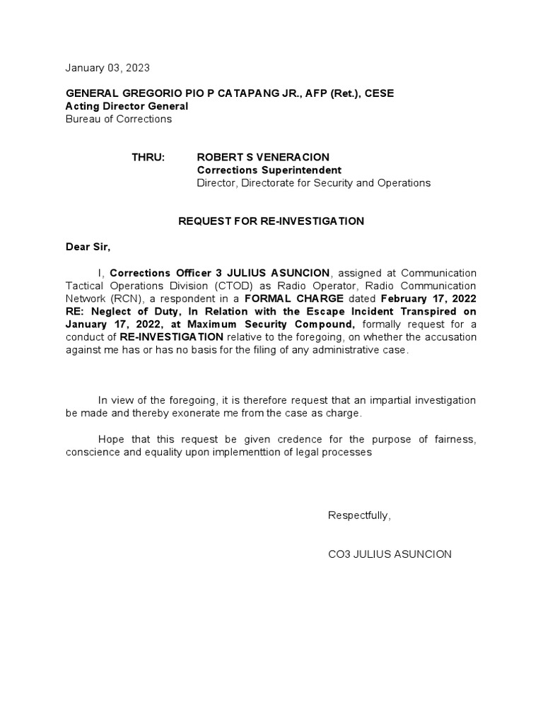 Request for Re-investigation by CO3 Asuncion | PDF