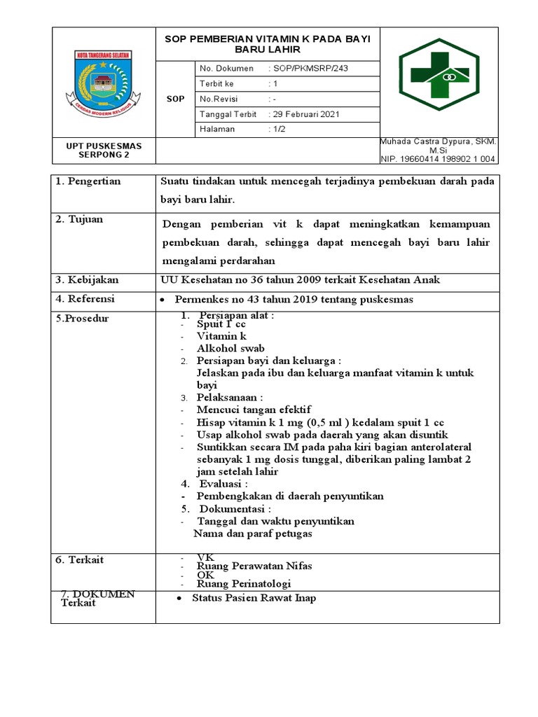 Sop Pemberian Vit.k Fix | PDF