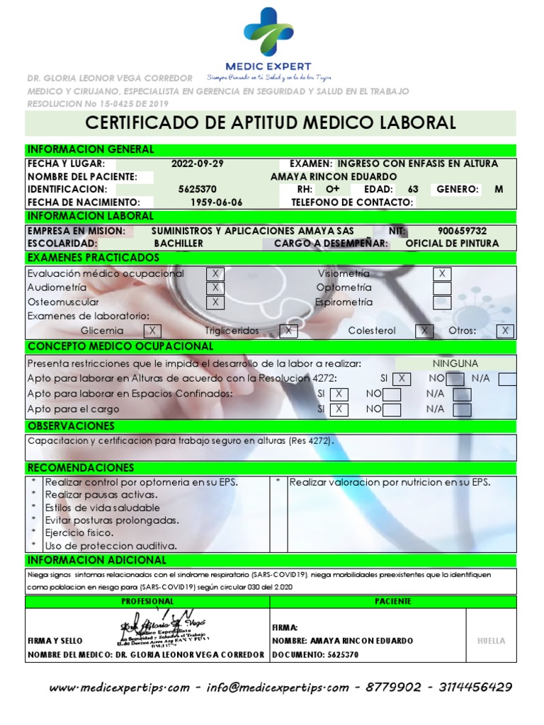 Certificado de Aptitud Medico Laboral: Informacion General | PDF | Enfermedades y trastornos ...
