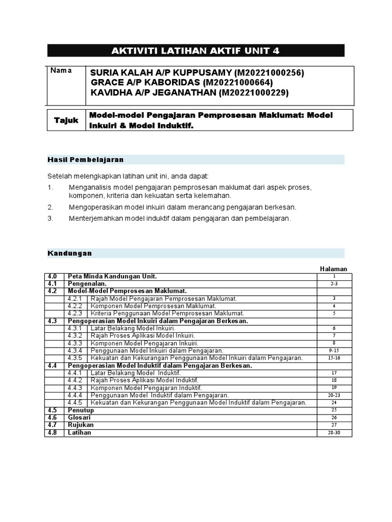 Model Inkuiri Dan Model Induktif - Aktiviti Latihan Aktif Unit 4 (Kumpulan 4) | PDF
