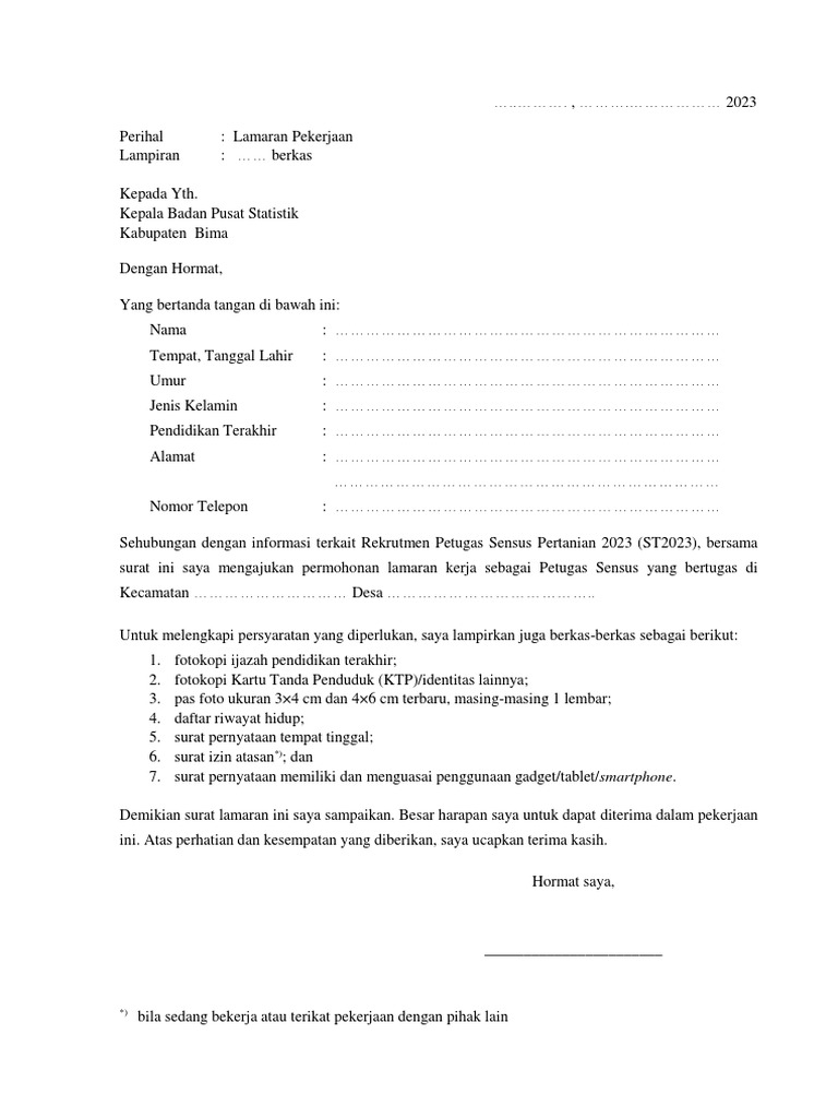 Lamaran Kerja sebagai Petugas Sensus Pertanian | PDF