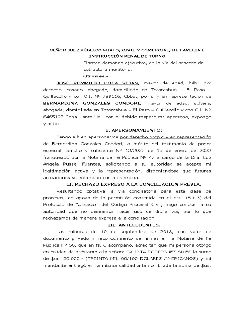 Jose Pompilio Coca (PROCESO EJECUTIVO MONITORIO) JPCC DE TURNO CAPITAL ...