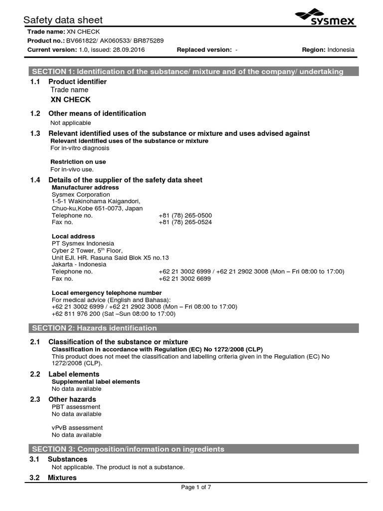 SDS Sysmex Hematology XN CHECK - BV661822, AK060533, BR875289 - v1.0 ...