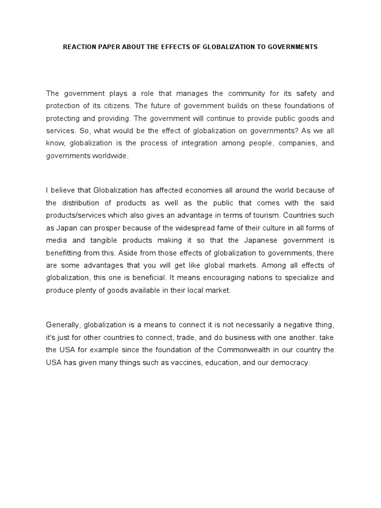 Reaction Paper About The Effects of Globalization To Goverments | PDF