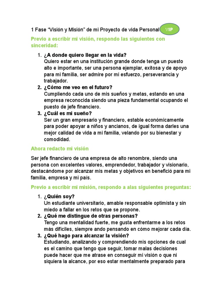 Mi Visión, Misión y Plan de Vida Personal (Proyecto VIP): Estableciendo Metas y Objetivos a ...