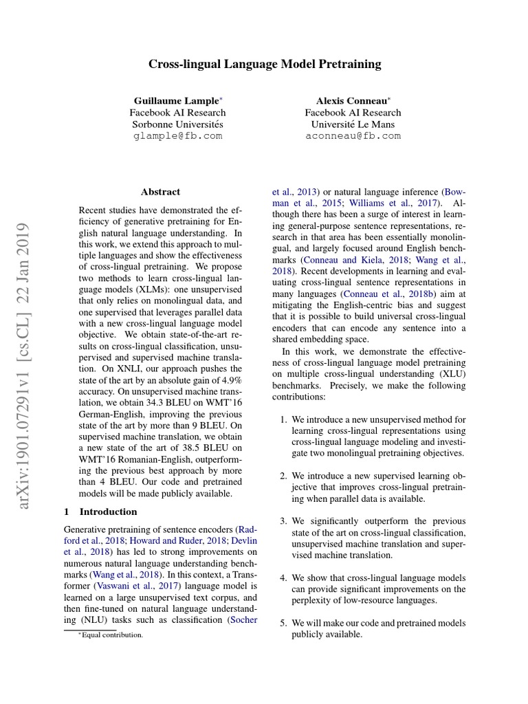 Cross-lingual Language Model Pretraining.pdf | PDF | Applied Linguistics | Applied Mathematics