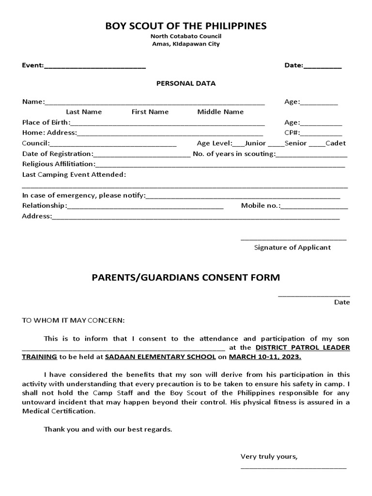 Registration Form and Parental Consent for District Patrol Leader ...