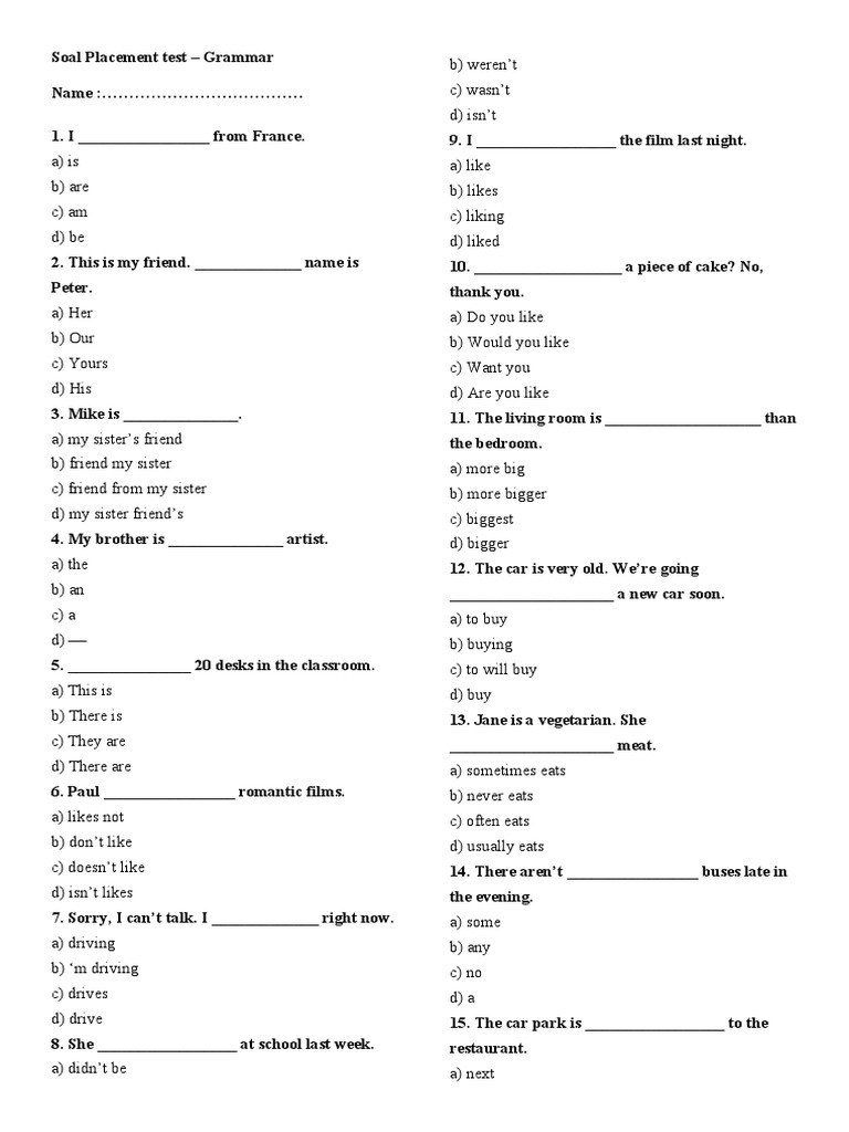 Grammar and Vocabulary Placement Test with 50 Multiple Choice Questions ...