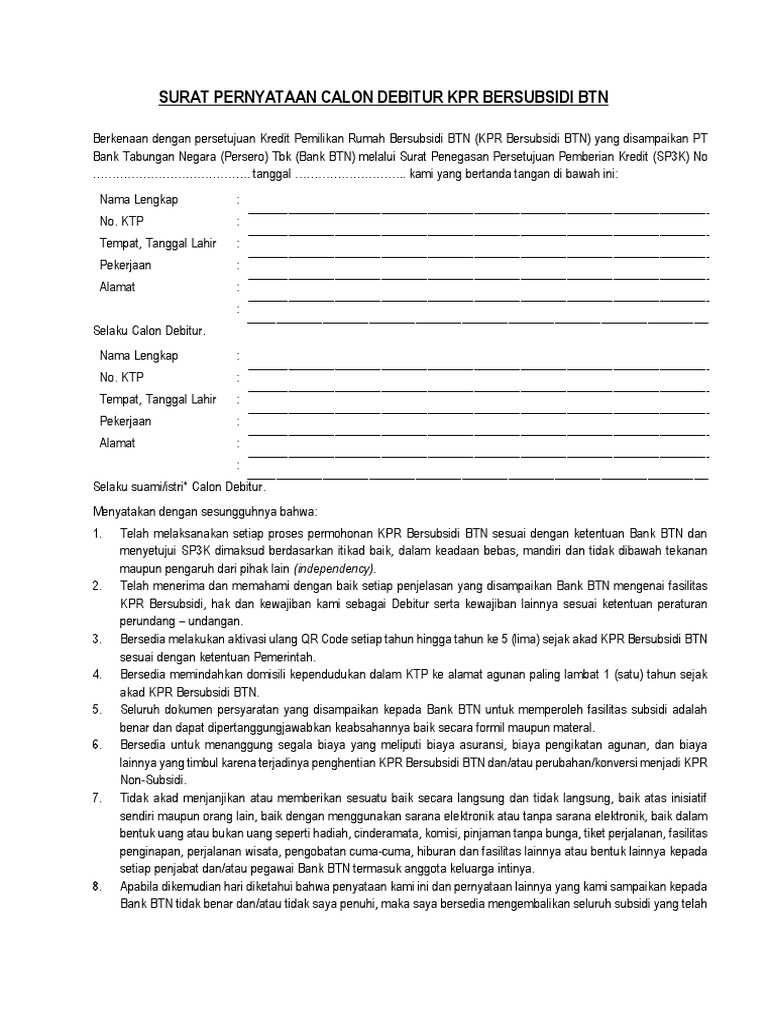 Surat Pernyataan Calon Debitur KPR Bersubsidi BTN | PDF