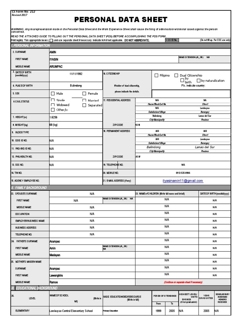 CS Form No. 212 Revised Personal Data Sheet Ilyasin | PDF