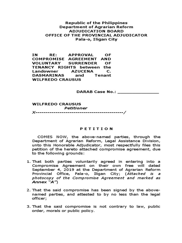 Petition Compromise Agreement 2021 | PDF | Finance & Money Management | Law