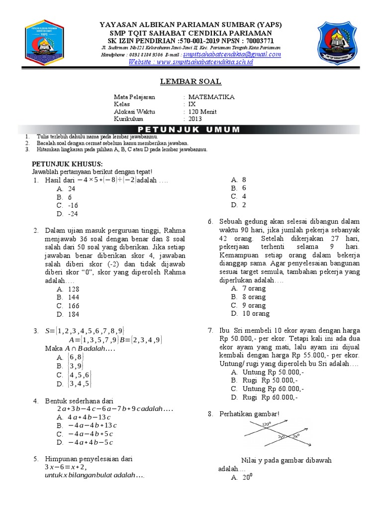 Soal Us Matematika SMP Kelas Ix TP 22-23 | PDF