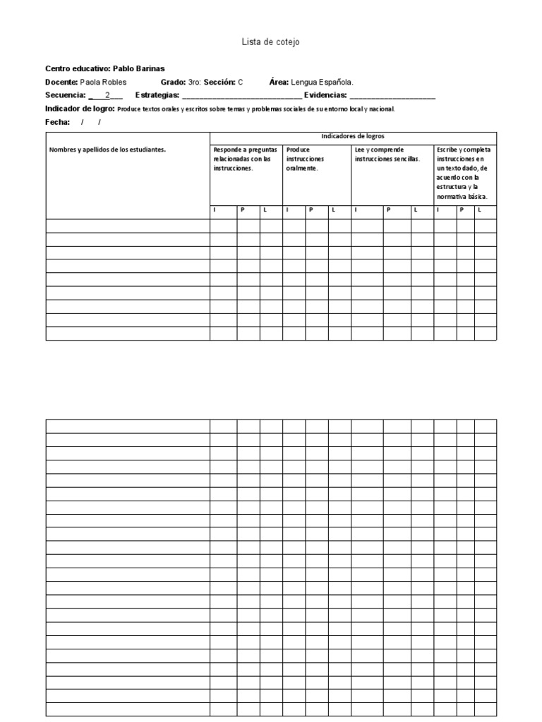 Lista de Cotejo (INSTRUCTIVO) 3ro C | PDF